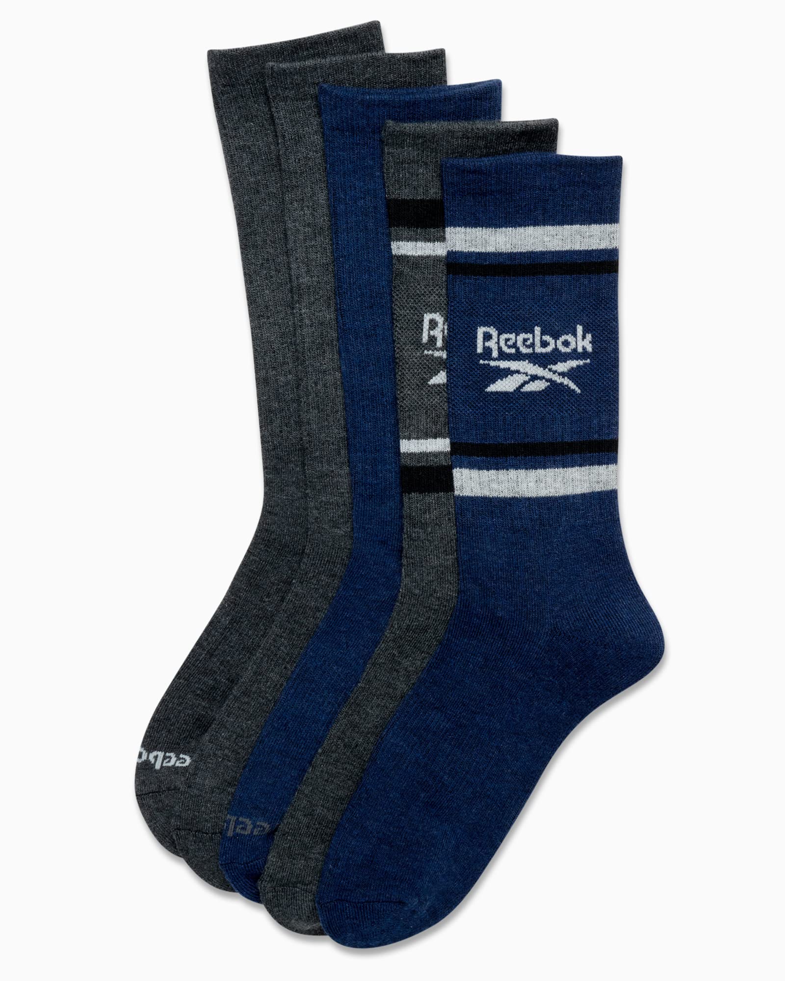 Reebok Men's Crew Socks - 5 Pack Comfort Cushion Performance Crew Socks for Men - Classic Men's Sports Socks (Size: 6-12.5), Size 6-12.5, Navy/Grey