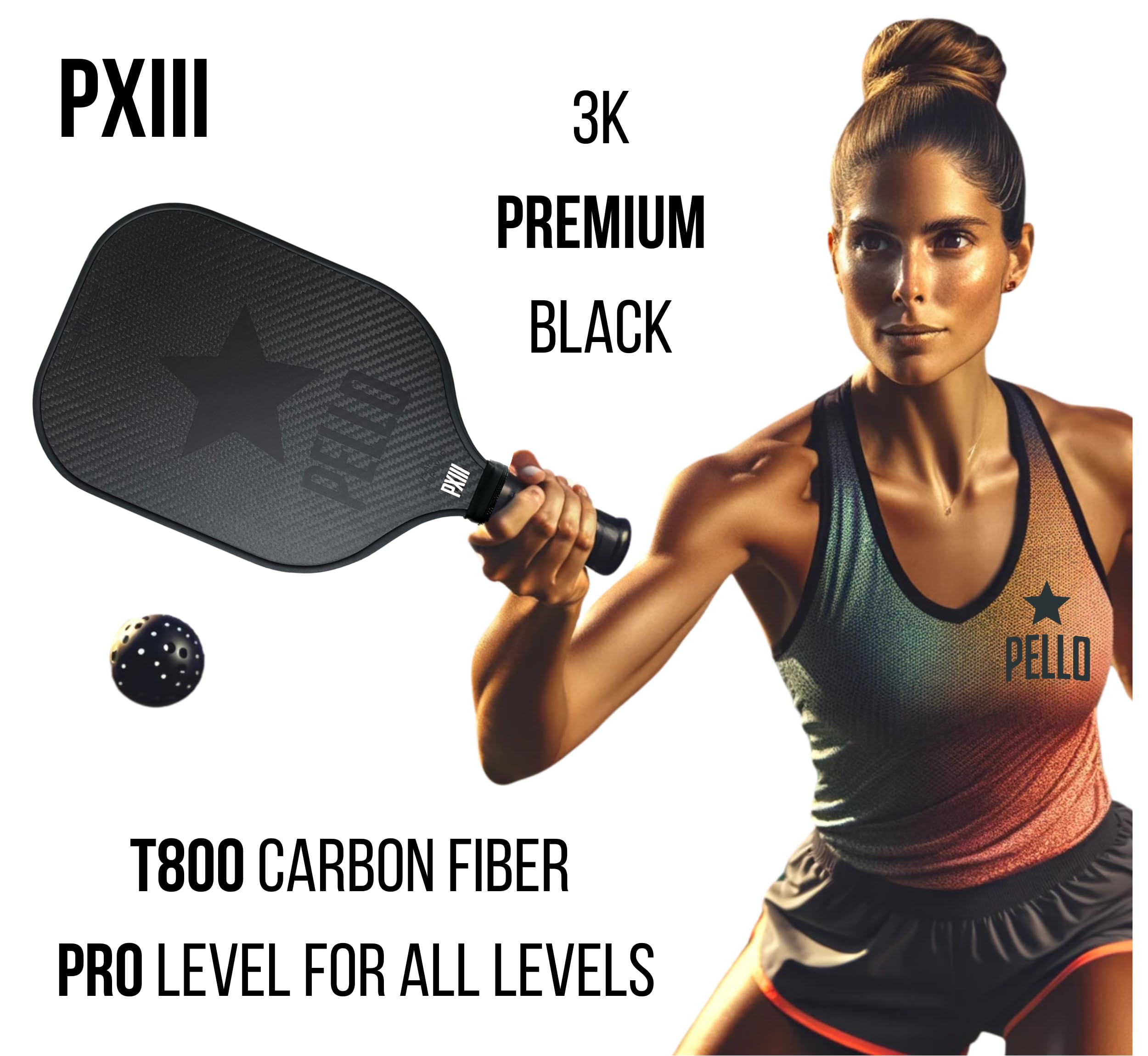 PELLO PXIII Carbon Fiber Pickleball Paddle | Elongated USAPA Approved | Pro-Level Performance Pickleball Paddle for Power, Spin & Control | Carbon Fiber Pickle Ball Paddle Women and Men | (Black)