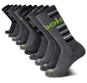 reebok men's crew socks - 10 pack mid-calf performance cushion comfort crew socks - athletic socks for men (6-12.5), size 6-12.5, grey assorted