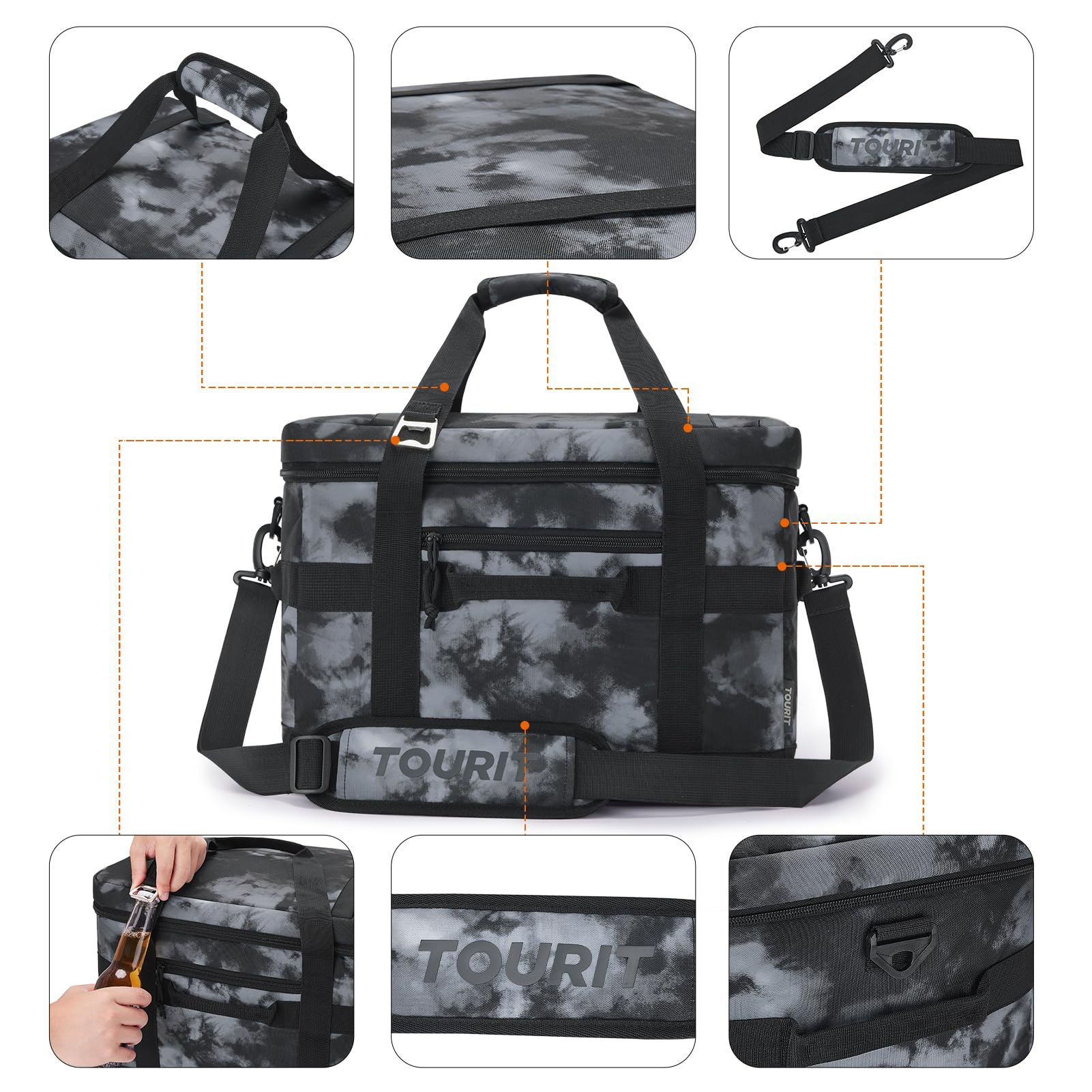 TOURIT Cooler Bag 48-Can Insulated Soft Cooler Large Collapsible Cooler Bag 32L Lunch Coolers for Picnic, Beach, Work, Trip, Tie-Dyed Black