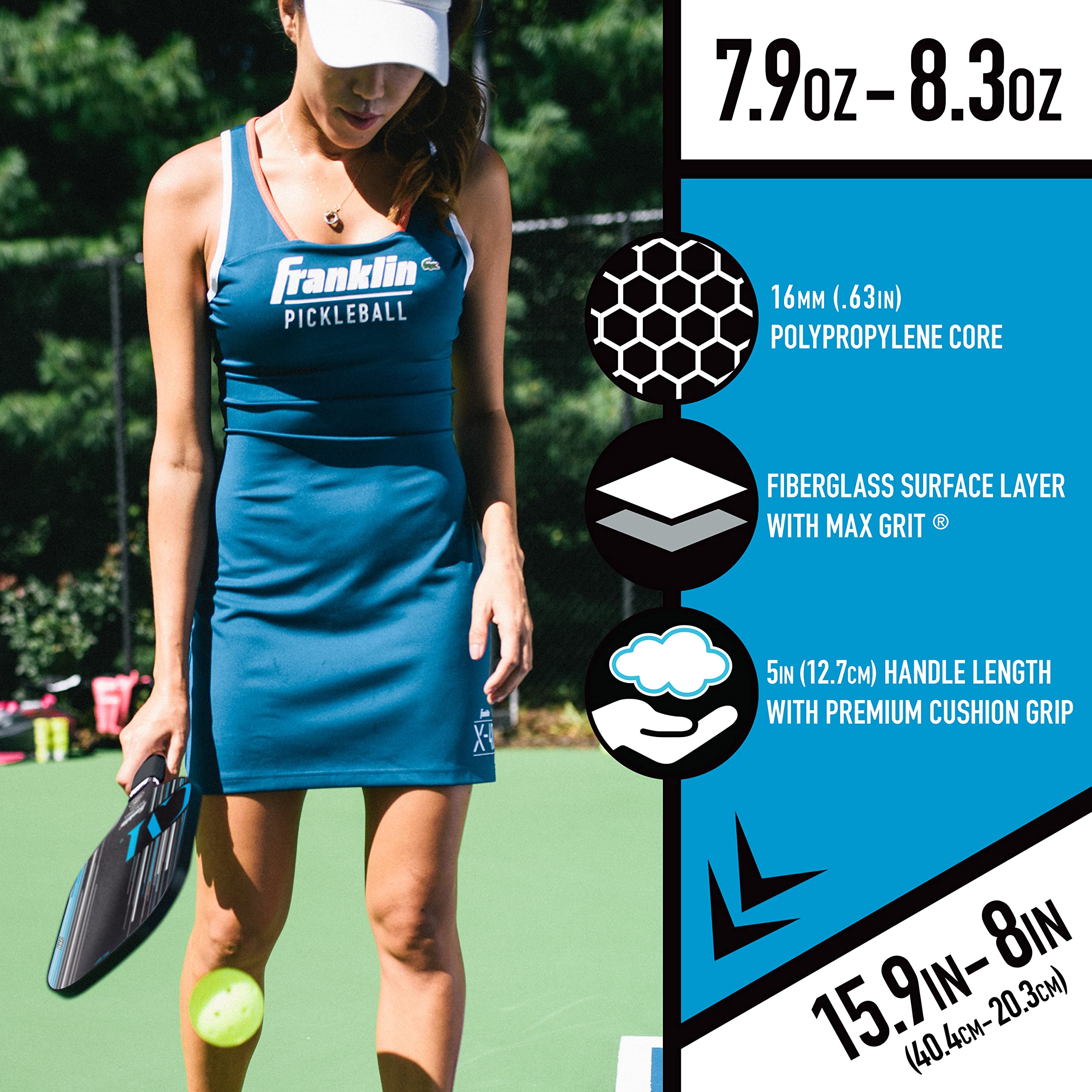 Franklin Sports Pro Pickleball Paddle - Christine McGrath Pro Player Tournament Pickleball Paddle - Polypropylene Paddle with Max Grit Surface - USA Pickleball (USAPA) Approved - Blue - 16mm Core