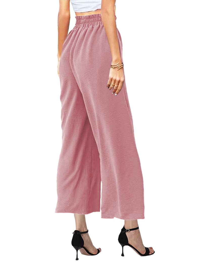 MAYFASEY Linen Pants for Women Wide Leg Casual Stretchy Palazzo Pants Office Capris Elastic Waist Loose Fitting Lounge Yoga Trousers with Pockets Pink 3XL