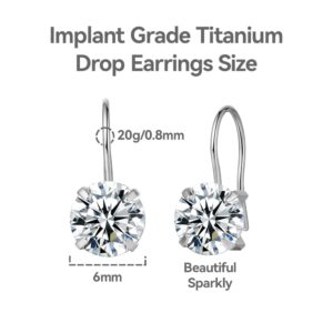 Limerencia Hypoallergenic Pure Titanium Cubic Zirconia Dangle Hoop Earrings,Lightweight Drop Earrings Round bright zirconia size 8 mm (5/16inch) for Sensitive Ears Women (6 mm, Silver)