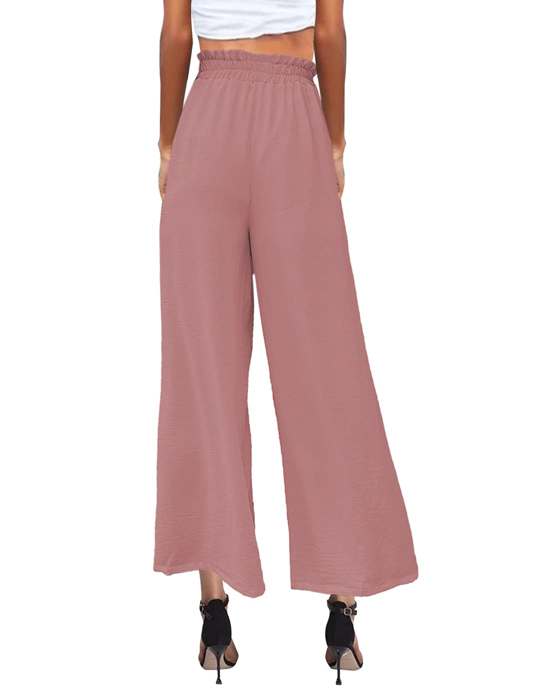 MAYFASEY Linen Pants for Women Wide Leg Casual Stretchy Palazzo Pants Office Capris Elastic Waist Loose Fitting Lounge Yoga Trousers with Pockets Pink 3XL