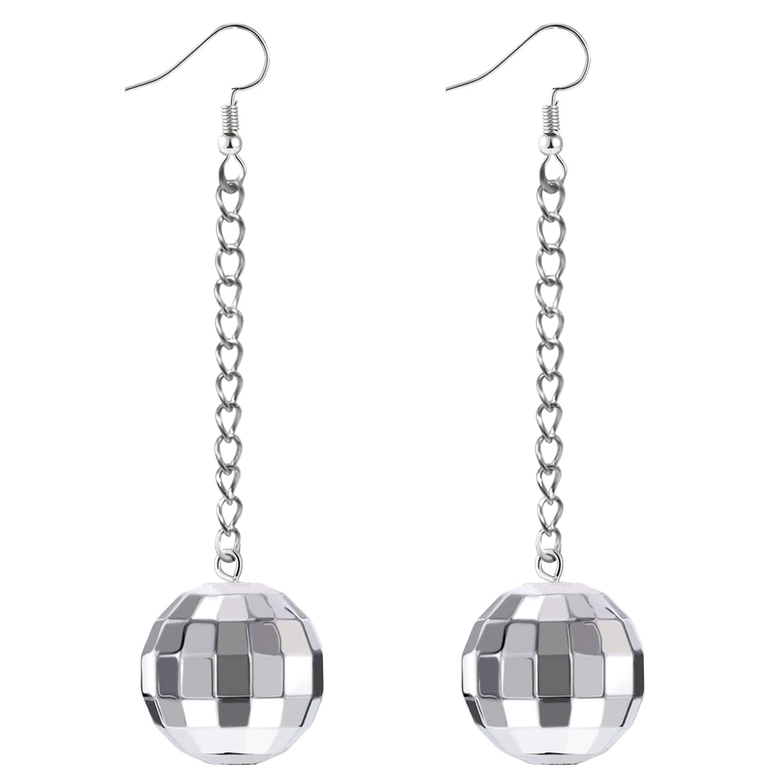 Women's Disco Ball Earrings Silver Mirrored Ball Earrings 70's Earrings Easy to Match with Disco Costumes Women's Disco Accessories (Long Disco Ball Earrings 1 Pair)