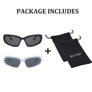 BUTABY Wrap Around Fashion Sunglasses for Women Men Oval Dark Futuristic Sun Glasses Outdoor Sport Shades UV400 Protection Black & Silver Grey