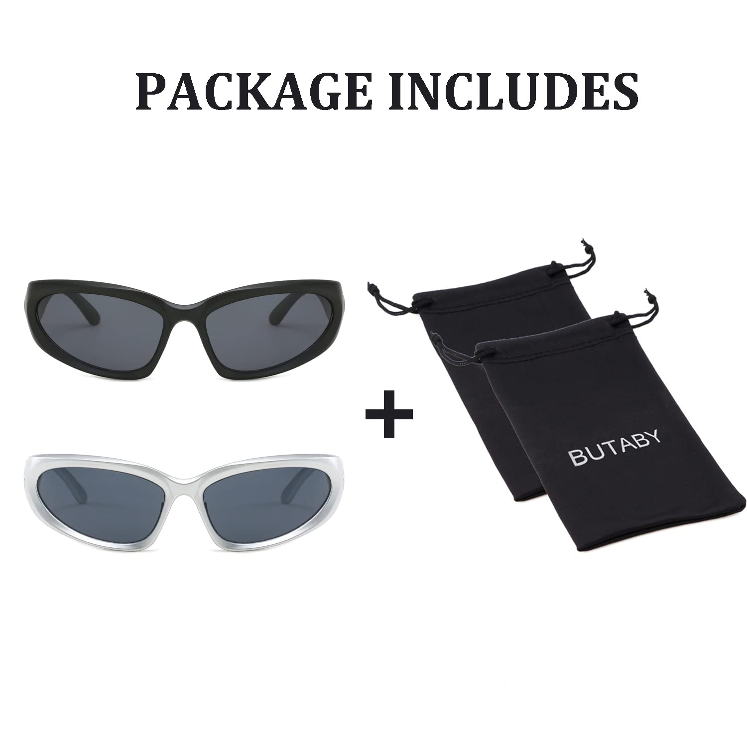 BUTABY Wrap Around Fashion Sunglasses for Women Men Oval Dark Futuristic Sun Glasses Outdoor Sport Shades UV400 Protection Black & Silver Grey