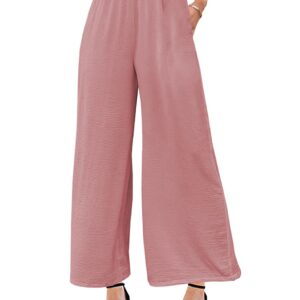 MAYFASEY Linen Pants for Women Wide Leg Casual Stretchy Palazzo Pants Office Capris Elastic Waist Loose Fitting Lounge Yoga Trousers with Pockets Pink 3XL