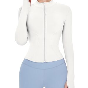 Locachy Women's Lightweight Stretchy Workout Full Zip Running Track Jacket with Thumb Holes White XS