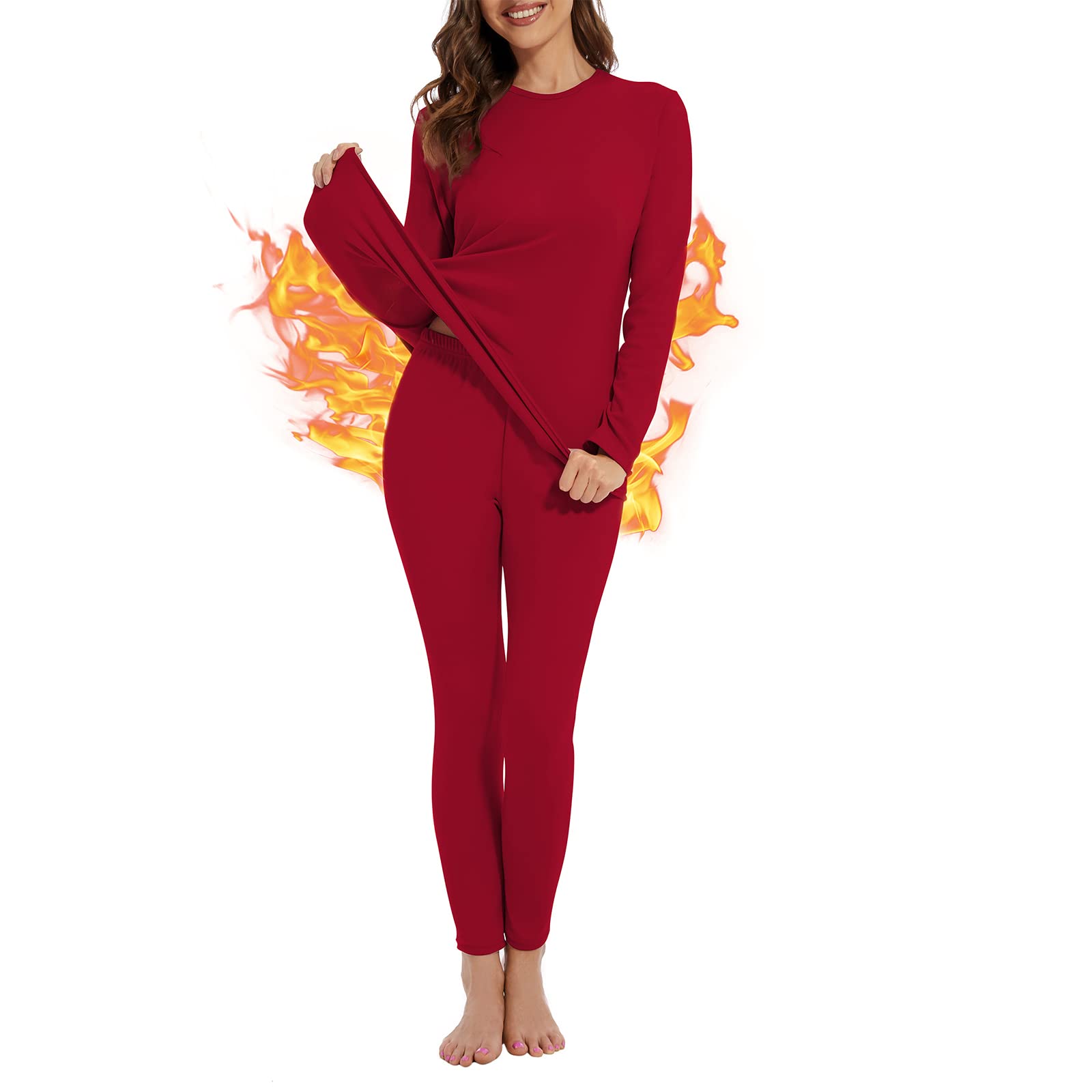 Thermal Underwear for Women Ultra Soft Fleece Lined Base Layer Top Bottom Winter Clothes Pajama Set Long Johns for Women Heavyweight Red Set Large