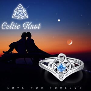 AOVEAO Celtic Knot Ring,925 Sterling Silver Blue Artificial Zircon Adjustable Irish Knot Lucky Open Rings Jewelry for Women