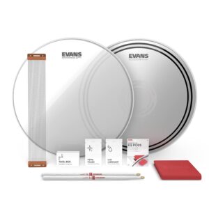 evans snare drum tune up kit - 14 inch snare drum heads - ec reverse dot and clear resonant drumheads - eq pods - snare wires - drumsticks - maintenance accessories