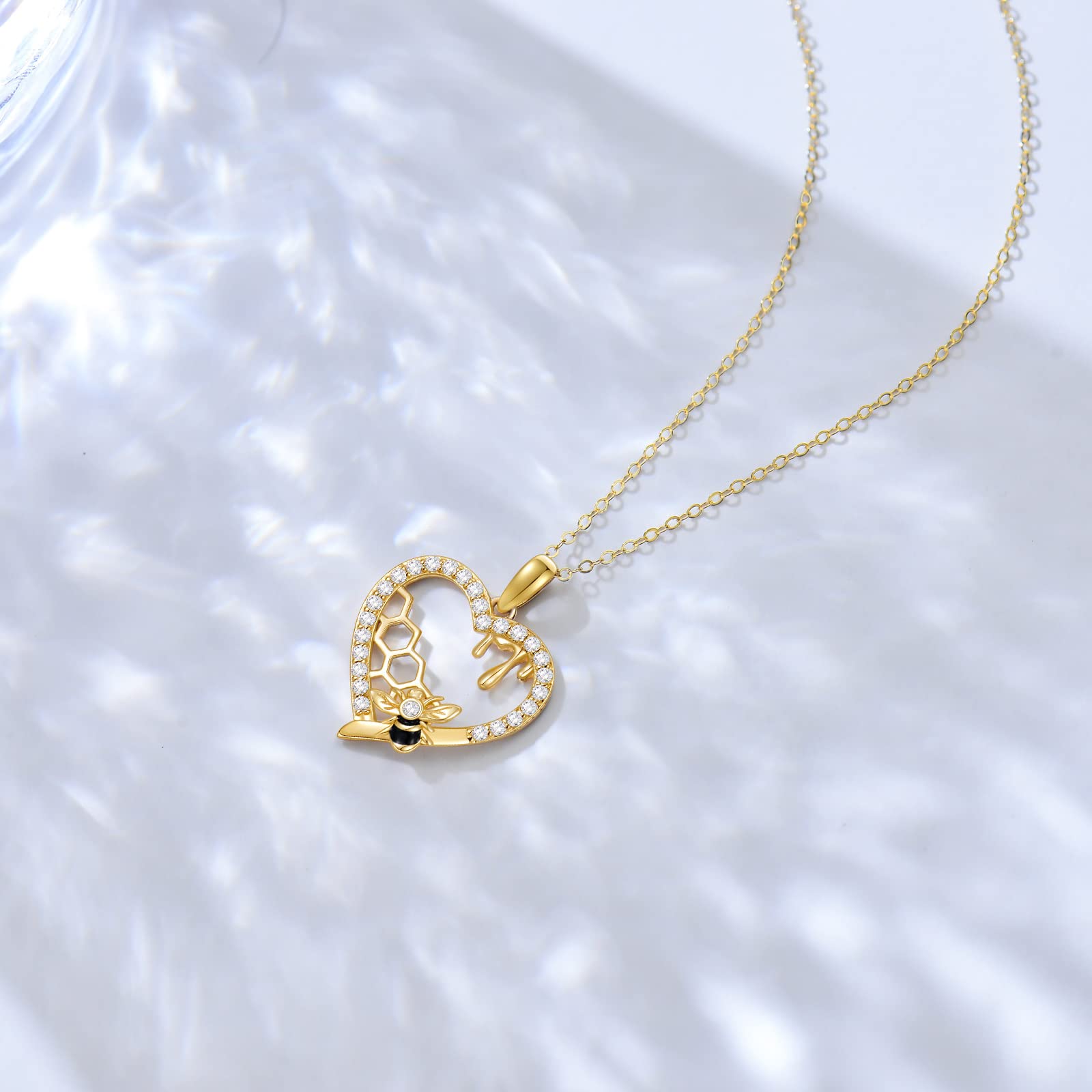 KECHO Gold Bee Necklace Gifts for Mom Women 14k Yellow Gold Honeycomb Honey Bee Pendant Necklaces Love Heart Jewelry Gifts for Women Her Wife