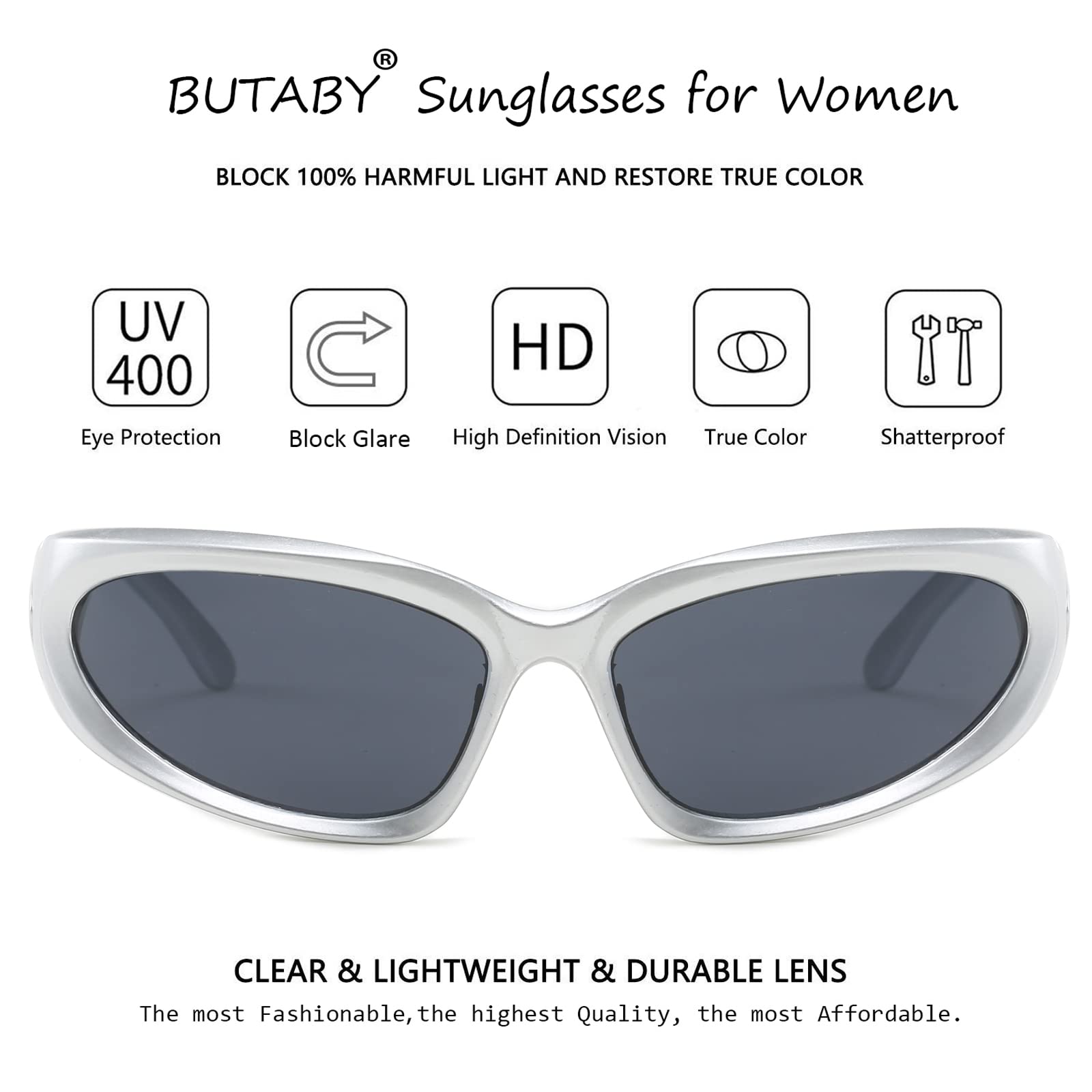 BUTABY Wrap Around Fashion Sunglasses for Women Men Oval Dark Futuristic Sun Glasses Outdoor Sport Shades UV400 Protection Black & Silver Grey