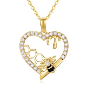 kecho gold bee necklace gifts for mom women 14k yellow gold honeycomb honey bee pendant necklaces love heart jewelry gifts for women her wife