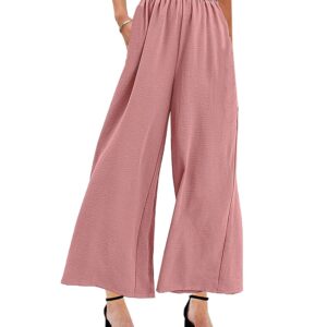 MAYFASEY Linen Pants for Women Wide Leg Casual Stretchy Palazzo Pants Office Capris Elastic Waist Loose Fitting Lounge Yoga Trousers with Pockets Pink 3XL