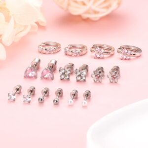 Florideco 8Pairs Hypoallergenic Screwback Earrings Women Silver Huggie Hoop Earrings Surgical Steel Tiny Stud Earrings Pink Colorful CZ Screw Back Earrings Set for Sensitive Ears Butterfly