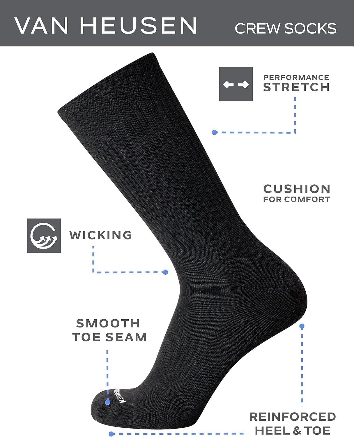 Van Heusen Men's Crew Socks - 10 Pack Performance Stretch Cushioned Crew Socks - Breathable Athletic Socks for Men (6-12.5), Size 6-12.5, Black