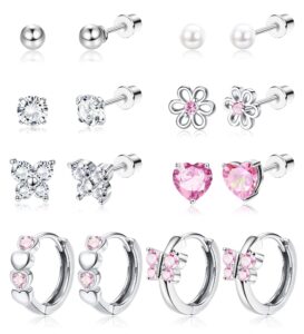 florideco 8pairs hypoallergenic screwback earrings women silver huggie hoop earrings surgical steel tiny stud earrings pink colorful cz screw back earrings set for sensitive ears butterfly