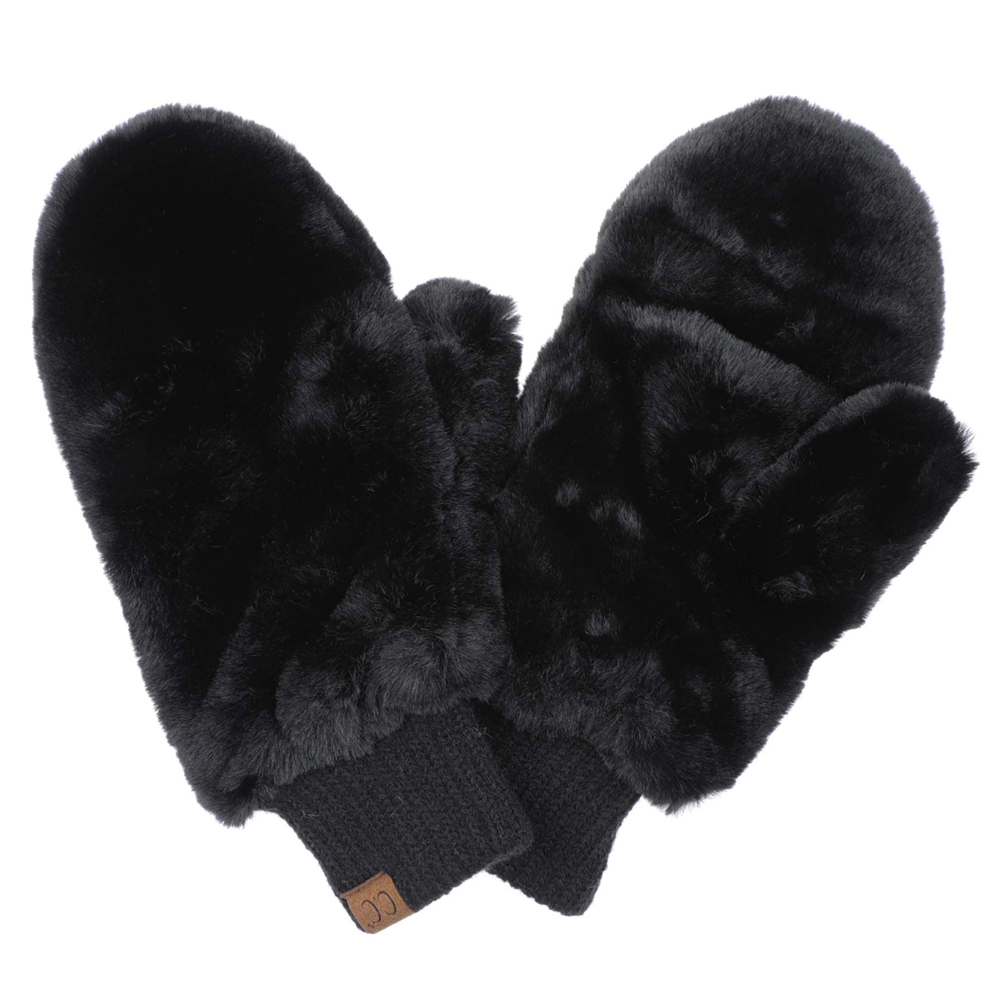 CC Exclusives Women Thick Knit Faux Fur Sherpa Fleece Lined Warm Winter Gloves Mittens (MT-715) (Faux Fur-Black)