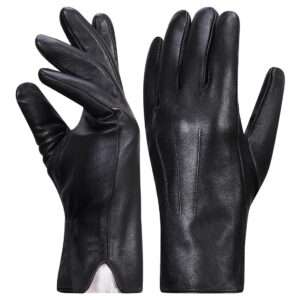 harssidanzar leather gloves for woman,winter rabbit fur lined soft genuine leather gloves kl027, black,size m