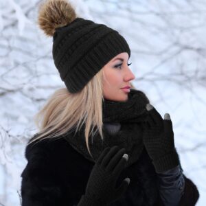 Winter Hat Gloves Scarf Set Women, Knit Pom Beanie Warm Touchscreen Gloves Neck Long Scarf for Women Girls Cold Winter (Black, White)