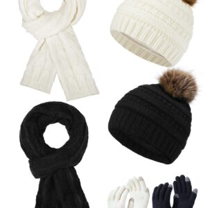 Winter Hat Gloves Scarf Set Women, Knit Pom Beanie Warm Touchscreen Gloves Neck Long Scarf for Women Girls Cold Winter (Black, White)