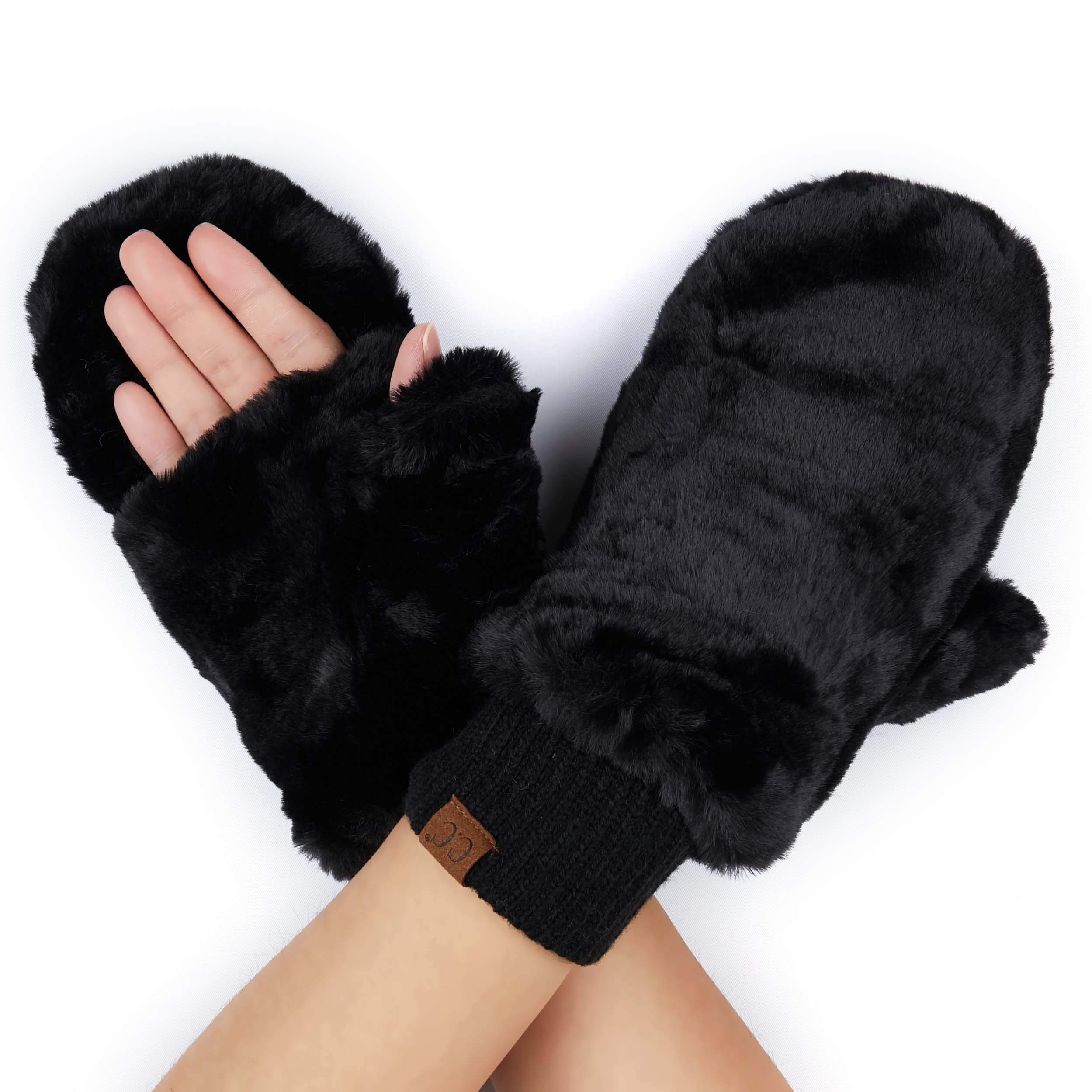 CC Exclusives Women Thick Knit Faux Fur Sherpa Fleece Lined Warm Winter Gloves Mittens (MT-715) (Faux Fur-Black)