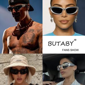 BUTABY Wrap Around Fashion Sunglasses for Women Men Oval Dark Futuristic Sun Glasses Outdoor Sport Shades UV400 Protection Black & Silver Grey