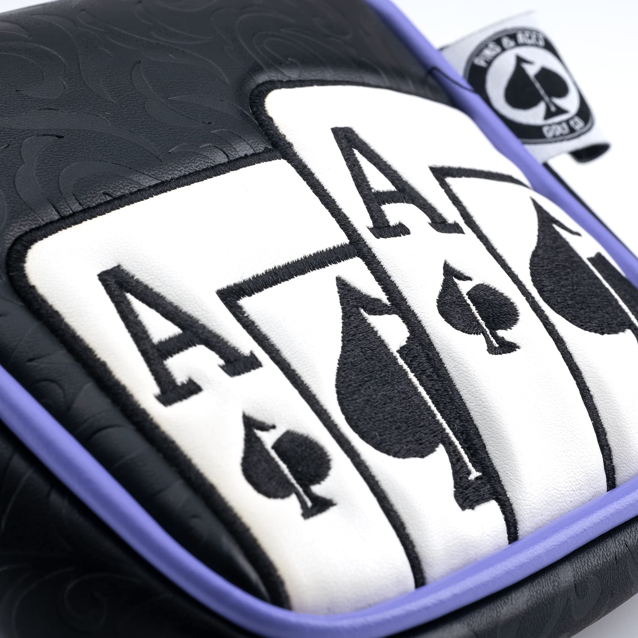 Pins & Aces Royal Flush Head Cover - Premium, Hand-Made Leather Headcover - Ace of Spades & Magnetic Closure, Tour Quality Golf Club Cover - Style and Customize Your Golf Bag Mallet (Black)