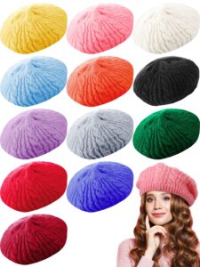 12 pieces crochet tam hat for women crochet knit beret solid color beret hat winter beanie one size slouchy hat for women (bright color)