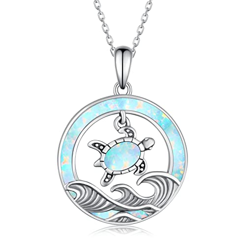 SVODEA Opal Turtle Necklace for Women 925 Sterling Silver Ocean Wave and Cute Sea Turtle Pendant Heart Necklaces Birthday Holiday Beach Jewelry for Women (Style-1)