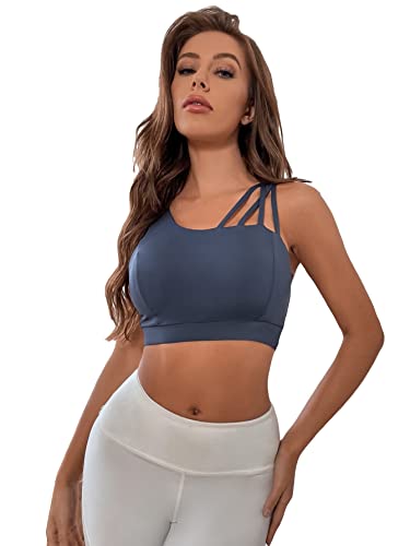 Milumia Women Cut Out Asymmetrical High Support Sport Bras Workout Crop Tank Tops Dusty Blue Large