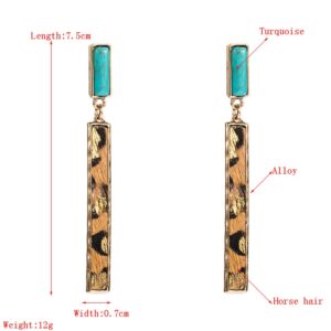 Rectangle Turquoise Dangle Earrings for Women Hypoallergenic Gold Plated Long Charms Birthstone Leopard Print Faux Leather Drop Dangling Stud Retro Lightweight Birthday Holiday Party Jewelry Gifts