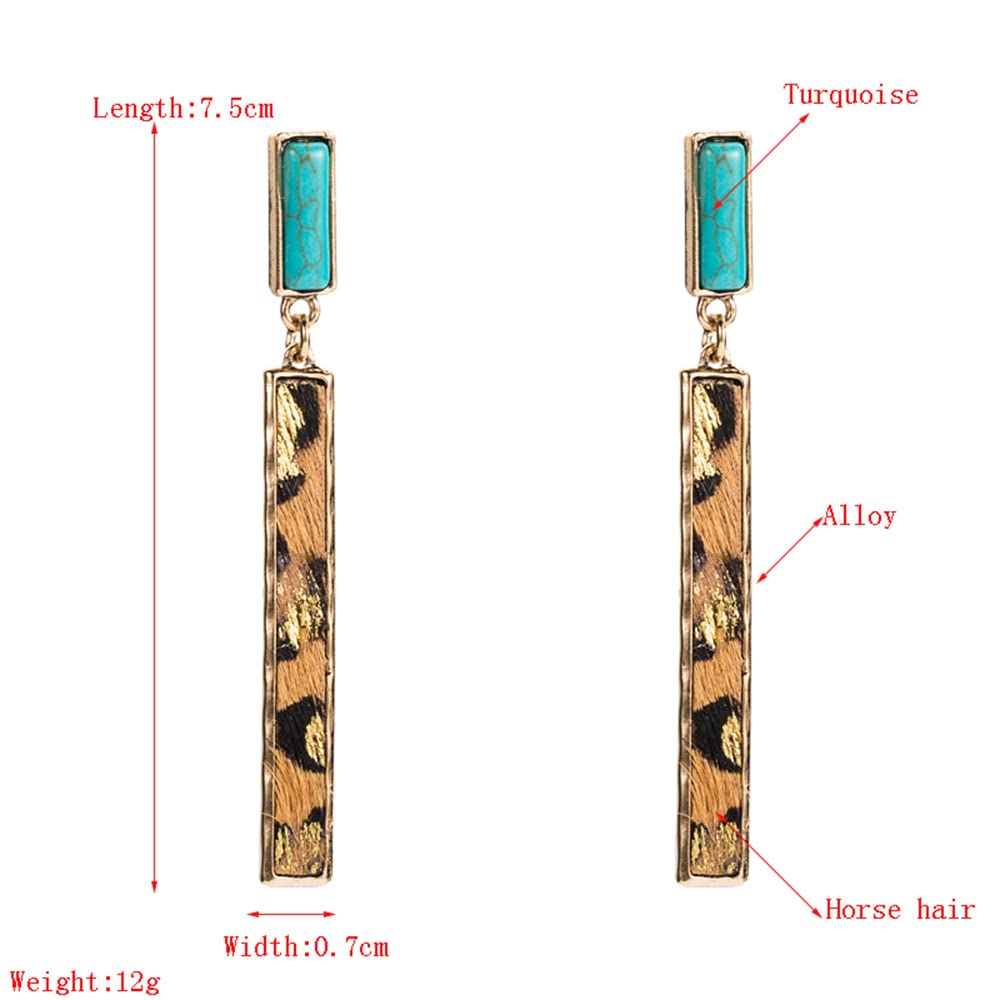 Rectangle Turquoise Dangle Earrings for Women Hypoallergenic Gold Plated Long Charms Birthstone Leopard Print Faux Leather Drop Dangling Stud Retro Lightweight Birthday Holiday Party Jewelry Gifts