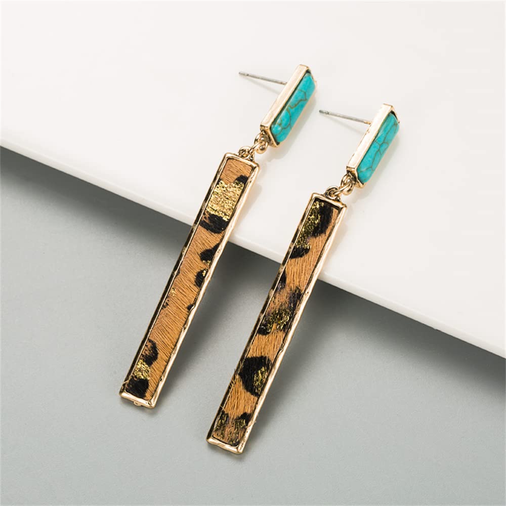 Rectangle Turquoise Dangle Earrings for Women Hypoallergenic Gold Plated Long Charms Birthstone Leopard Print Faux Leather Drop Dangling Stud Retro Lightweight Birthday Holiday Party Jewelry Gifts