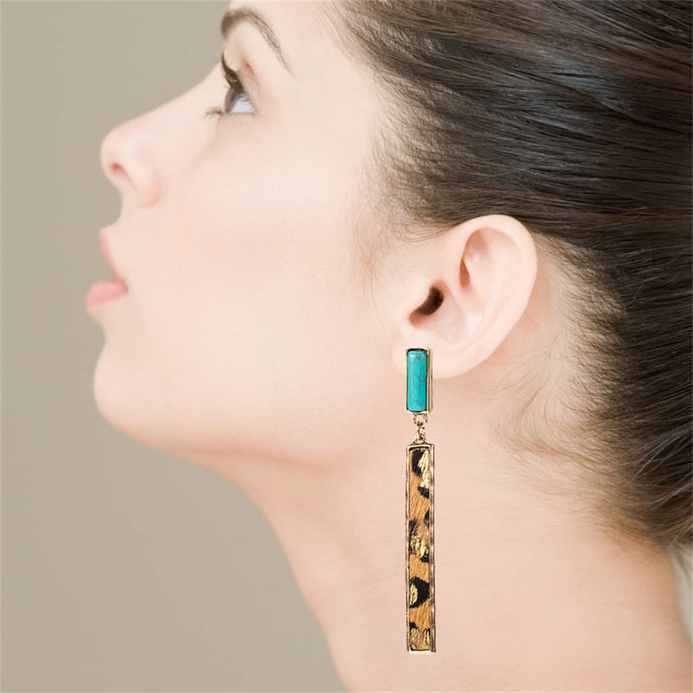 Rectangle Turquoise Dangle Earrings for Women Hypoallergenic Gold Plated Long Charms Birthstone Leopard Print Faux Leather Drop Dangling Stud Retro Lightweight Birthday Holiday Party Jewelry Gifts