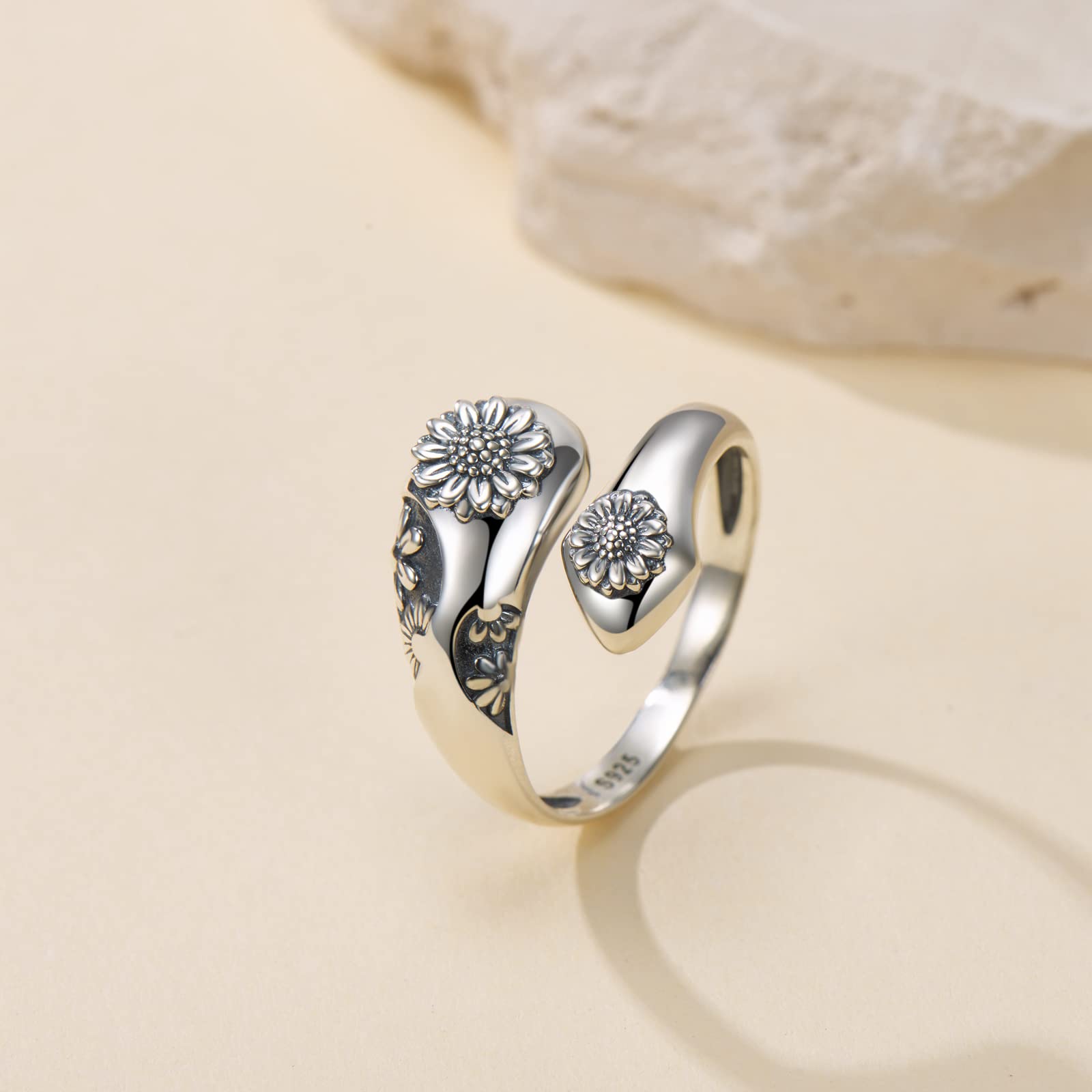 SVODEA Sunflower Rings for Women 925 Sterling Silver Vintage Spoon Ring Daisy Adjustable Rings You are My Sunshine Flower Statement Band for Women