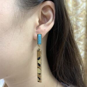 Rectangle Turquoise Dangle Earrings for Women Hypoallergenic Gold Plated Long Charms Birthstone Leopard Print Faux Leather Drop Dangling Stud Retro Lightweight Birthday Holiday Party Jewelry Gifts