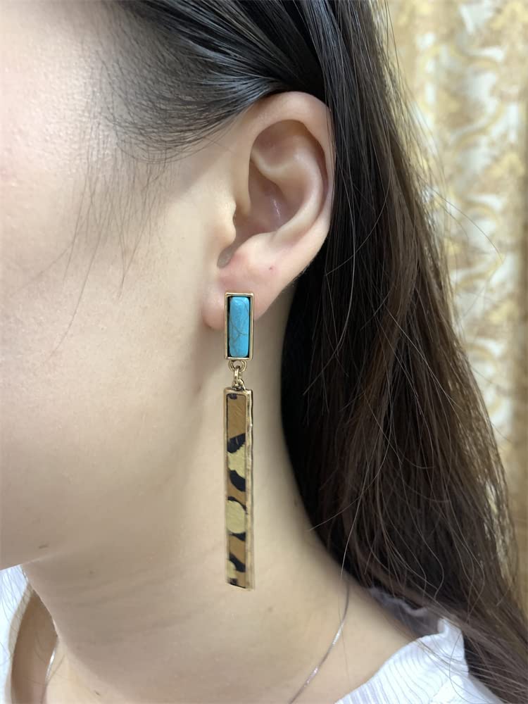 Rectangle Turquoise Dangle Earrings for Women Hypoallergenic Gold Plated Long Charms Birthstone Leopard Print Faux Leather Drop Dangling Stud Retro Lightweight Birthday Holiday Party Jewelry Gifts