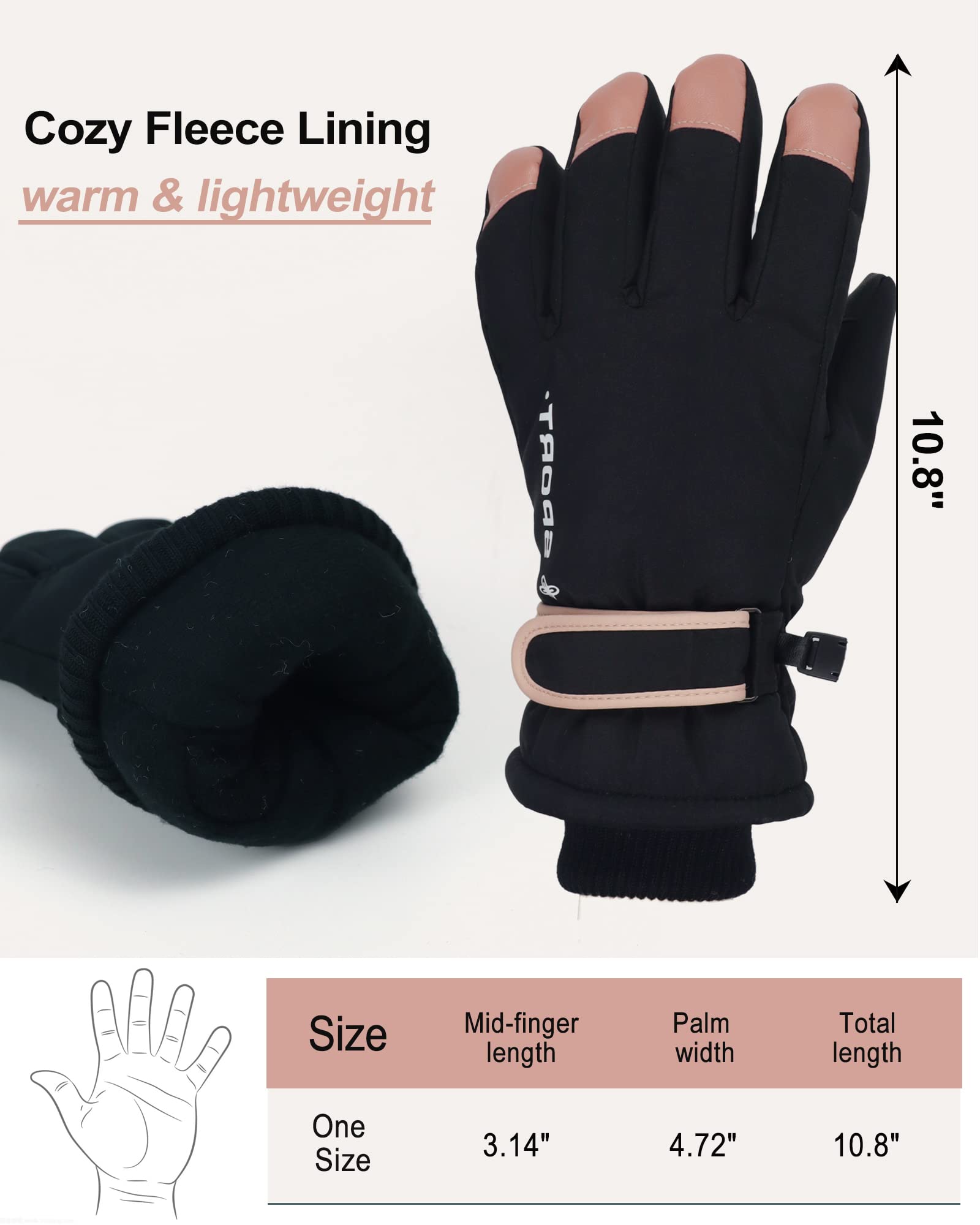 Koreshion Women Winter Touchscreen Ski Gloves Waterproof Windproof Thermal Snowboard Gloves Thick Anti-slip Winter Snow Gloves Black