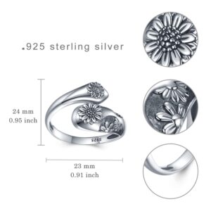 SVODEA Sunflower Rings for Women 925 Sterling Silver Vintage Spoon Ring Daisy Adjustable Rings You are My Sunshine Flower Statement Band for Women