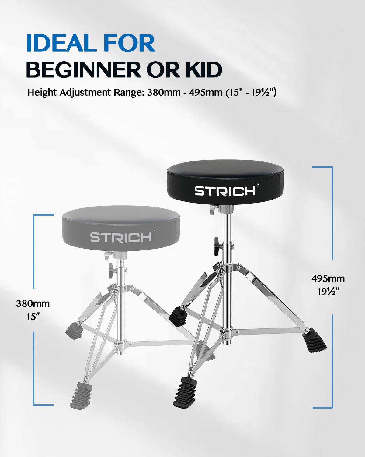 STRICH Drum Stool Set, Padded Seat Height Adjustable Drum Throne with 5A Drumsticks for Adults Beginner Drummers, SDB-10 Standard