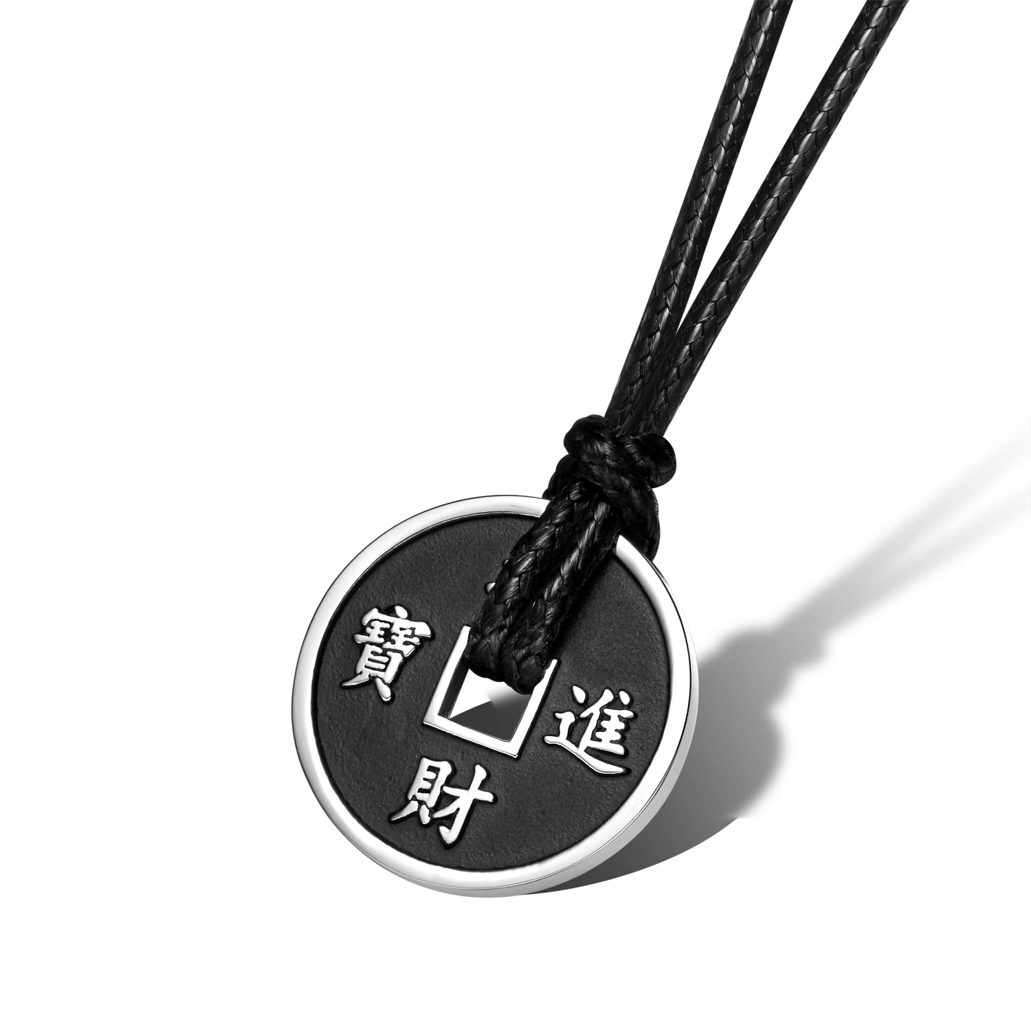 Lucky Coin Necklace - Feng Shui Good Luck Charm - Small and Cute - Fortune Symbols Amulet - Stainless Steel Jewelry with Antique Finish - Adjustable Cord Choker - Success and Prosperity Talisman