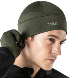 tsla men and women thermal fleece skull cap, winter ski cycling under helmet liner, running beanie hat, cap 1piece dim army green, one size