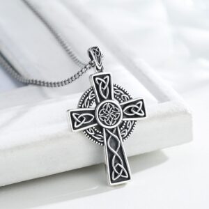 Midir&Etain Celtic Cross Necklace for Men Sterling Silver Irish Knot Celtic Cross Necklace Black Pendant Crucifix Necklace Jewelry Gifts for Men Women