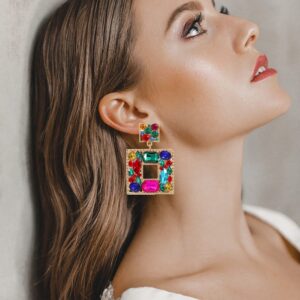 Canboer Colorful Rhinestone Square Dangle Earrings Sparkly Crystal Geometric Drop Statement Earrings Hypoallergenic for Women Party Prom