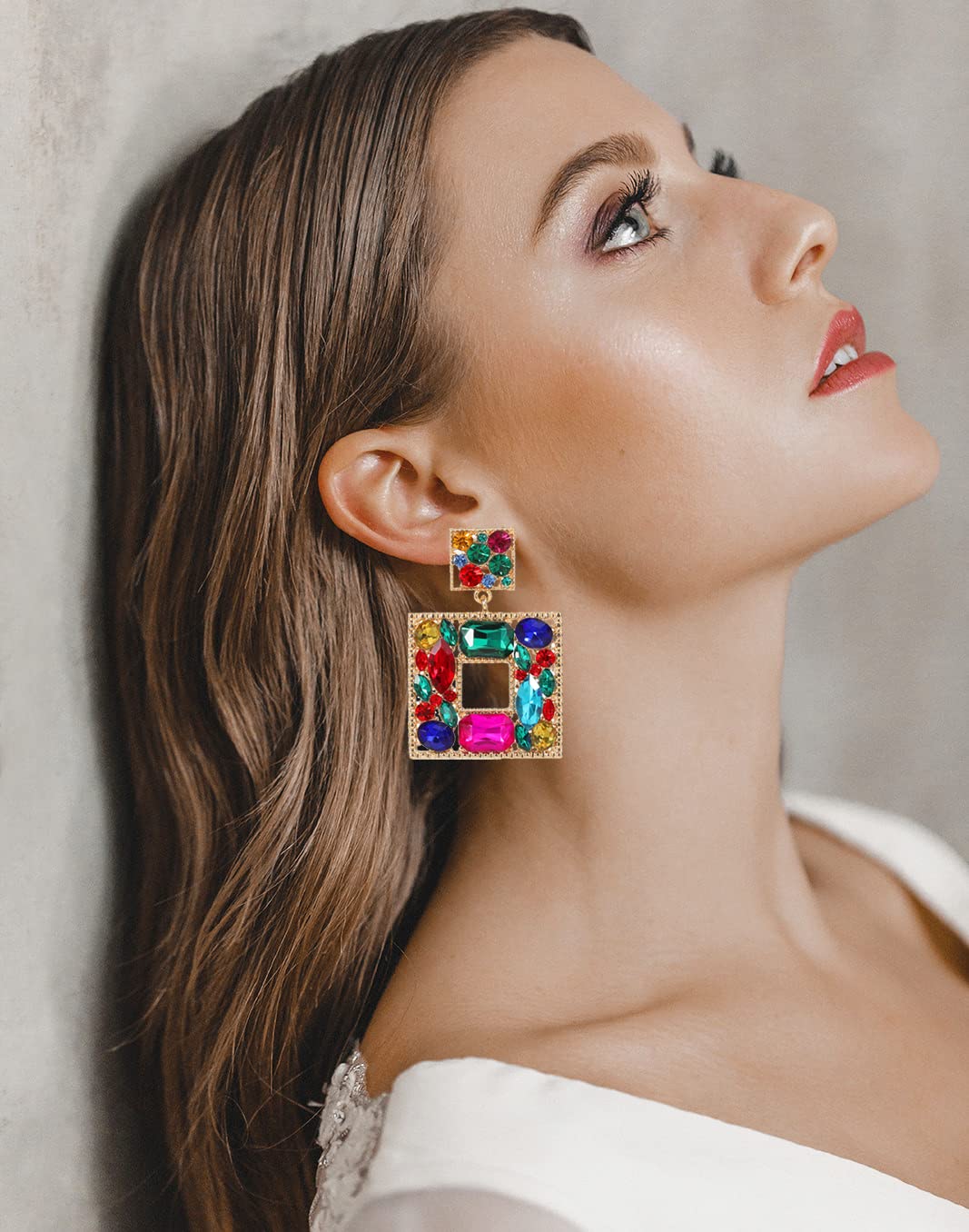 Canboer Colorful Rhinestone Square Dangle Earrings Sparkly Crystal Geometric Drop Statement Earrings Hypoallergenic for Women Party Prom