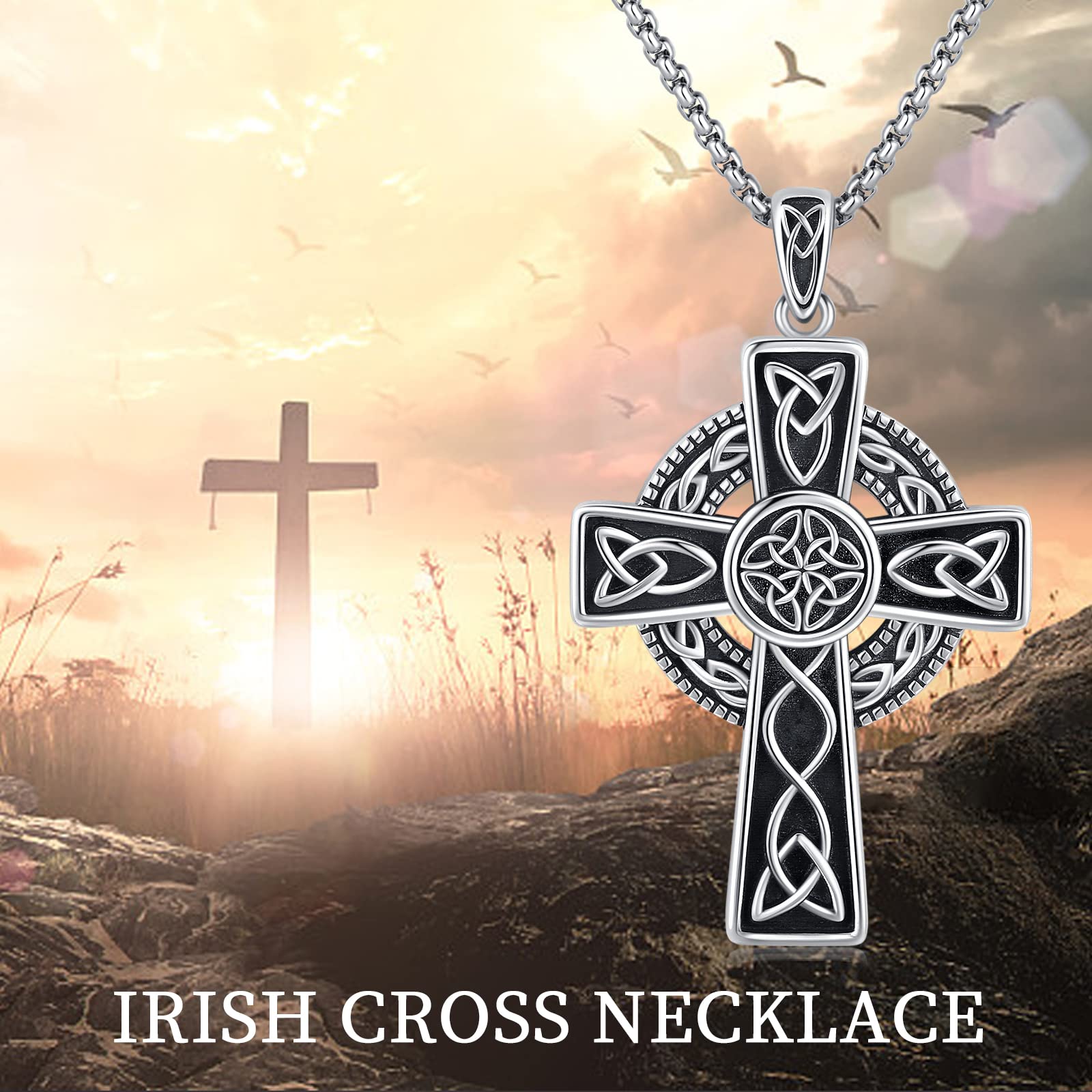 Midir&Etain Celtic Cross Necklace for Men Sterling Silver Irish Knot Celtic Cross Necklace Black Pendant Crucifix Necklace Jewelry Gifts for Men Women