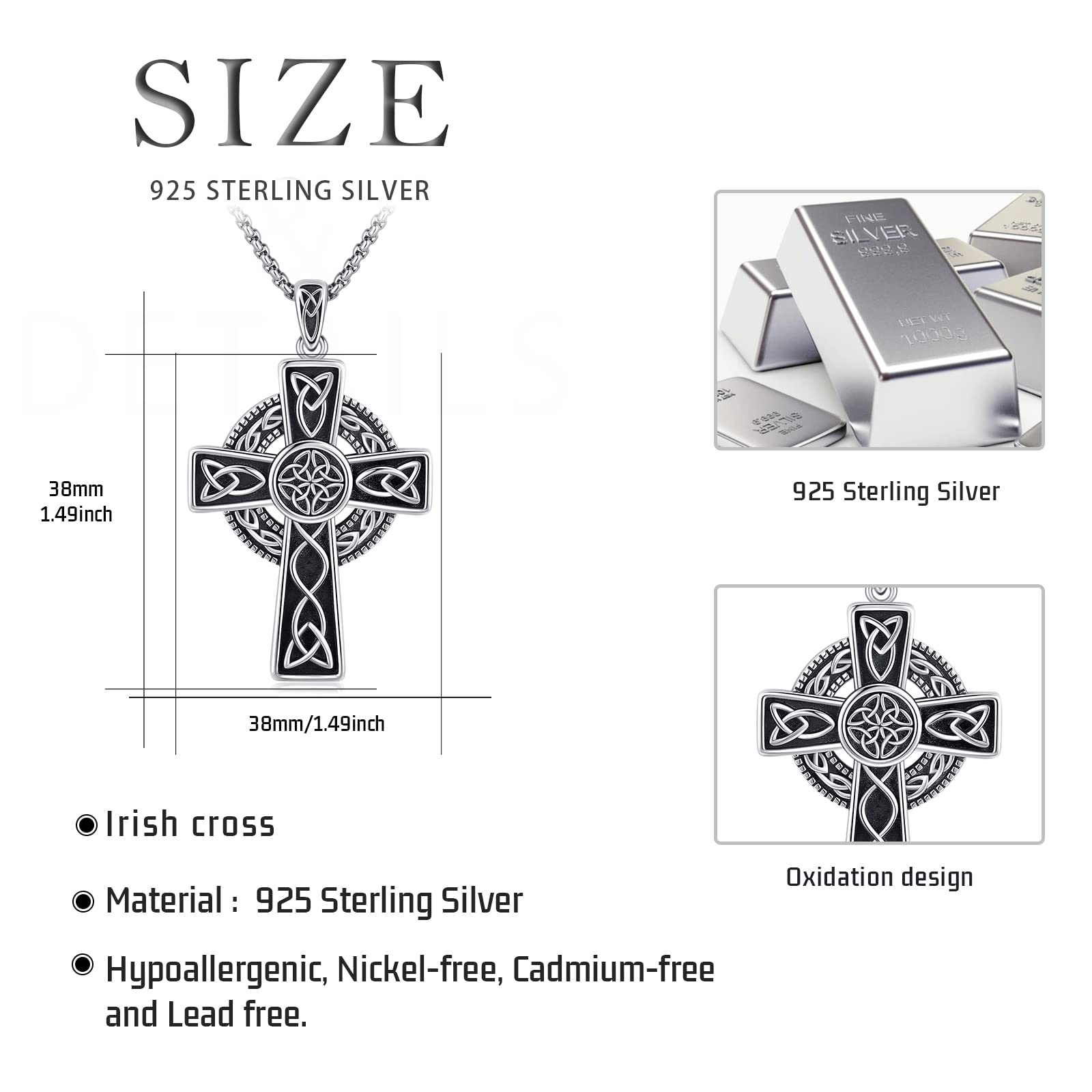 Midir&Etain Celtic Cross Necklace for Men Sterling Silver Irish Knot Celtic Cross Necklace Black Pendant Crucifix Necklace Jewelry Gifts for Men Women